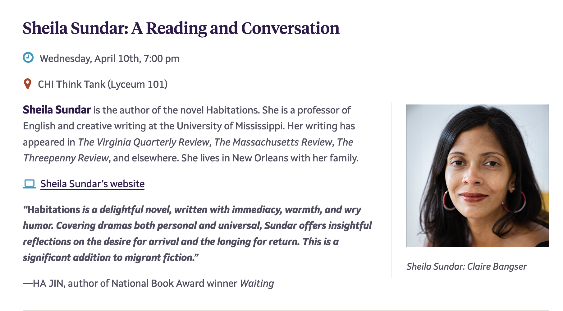 Sheila Sundar (F98) reading from her debut novel Habitations ...